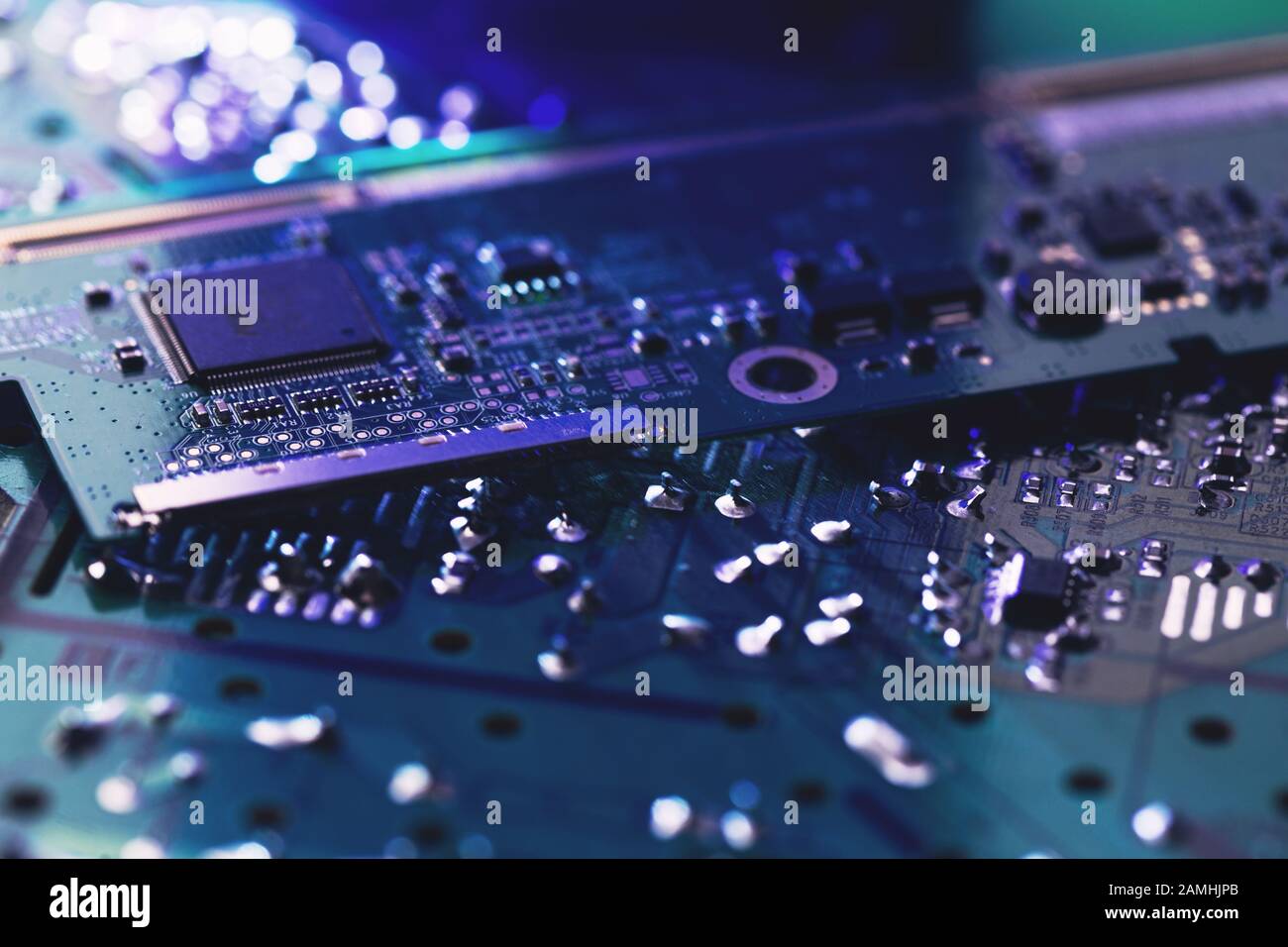 Close-up of electronic circuit board with processor. Electronic computer hardware technology ...