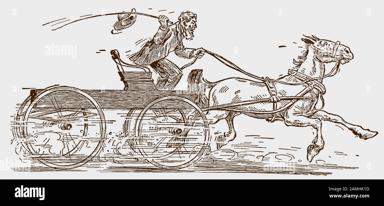 Historical man driving a horse-drawn wagon at high speed. Illustration ...
