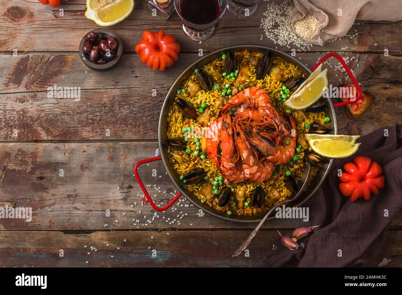 Large pan of paella with seafood and vegetables, copy space Stock Photo ...
