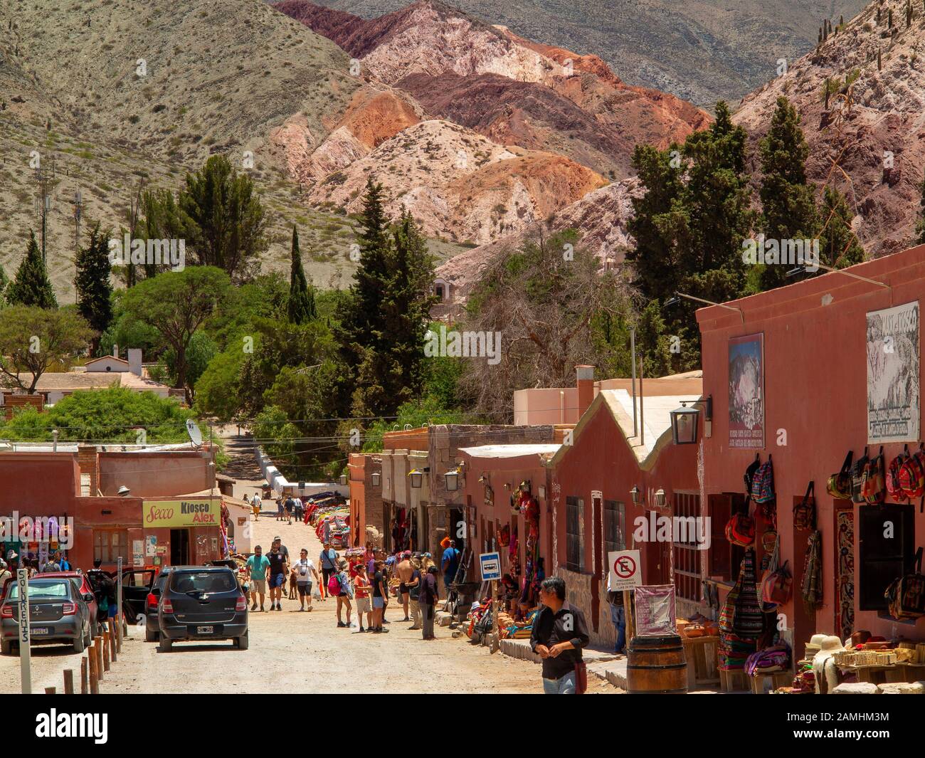 Street scene at Purmamarca town, with the Seven Colors Hills in the ...