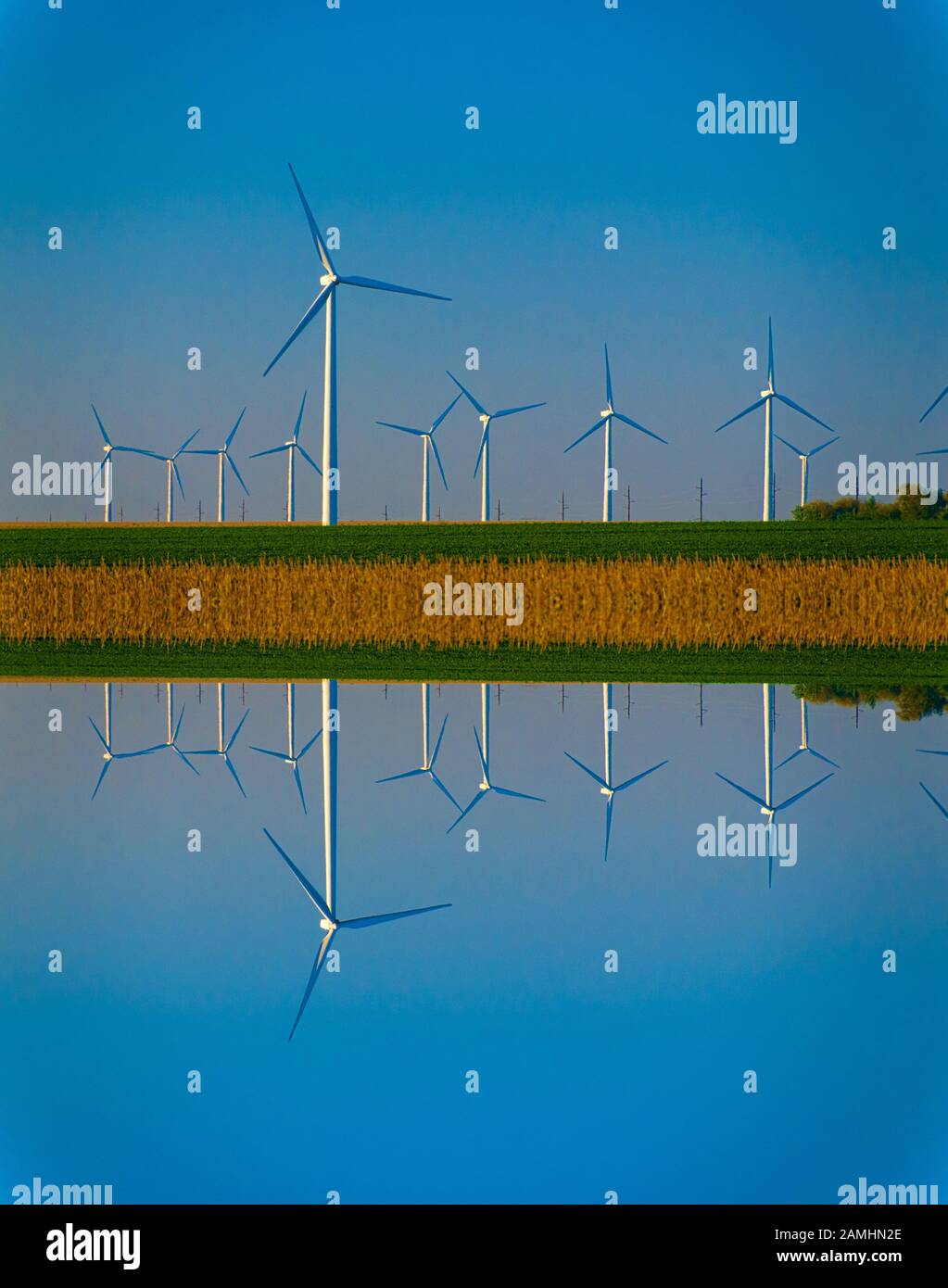 Large wind turbine farm against a blue sky at sunset, Dexter, Minnesota ...