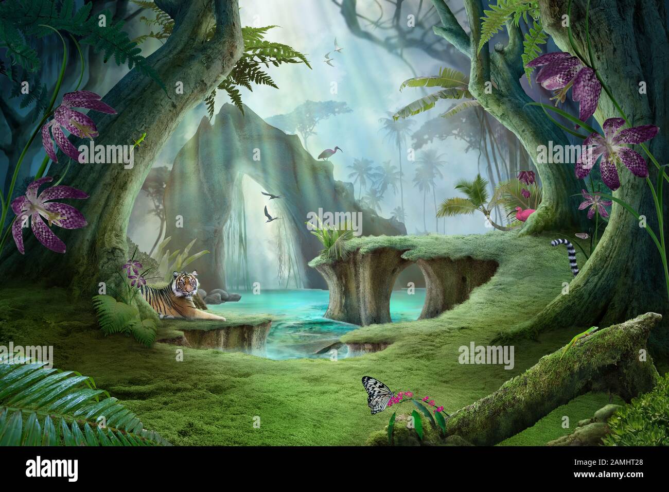 beautiful beach lagoon view with palm trees and tropical leaves, can be ...