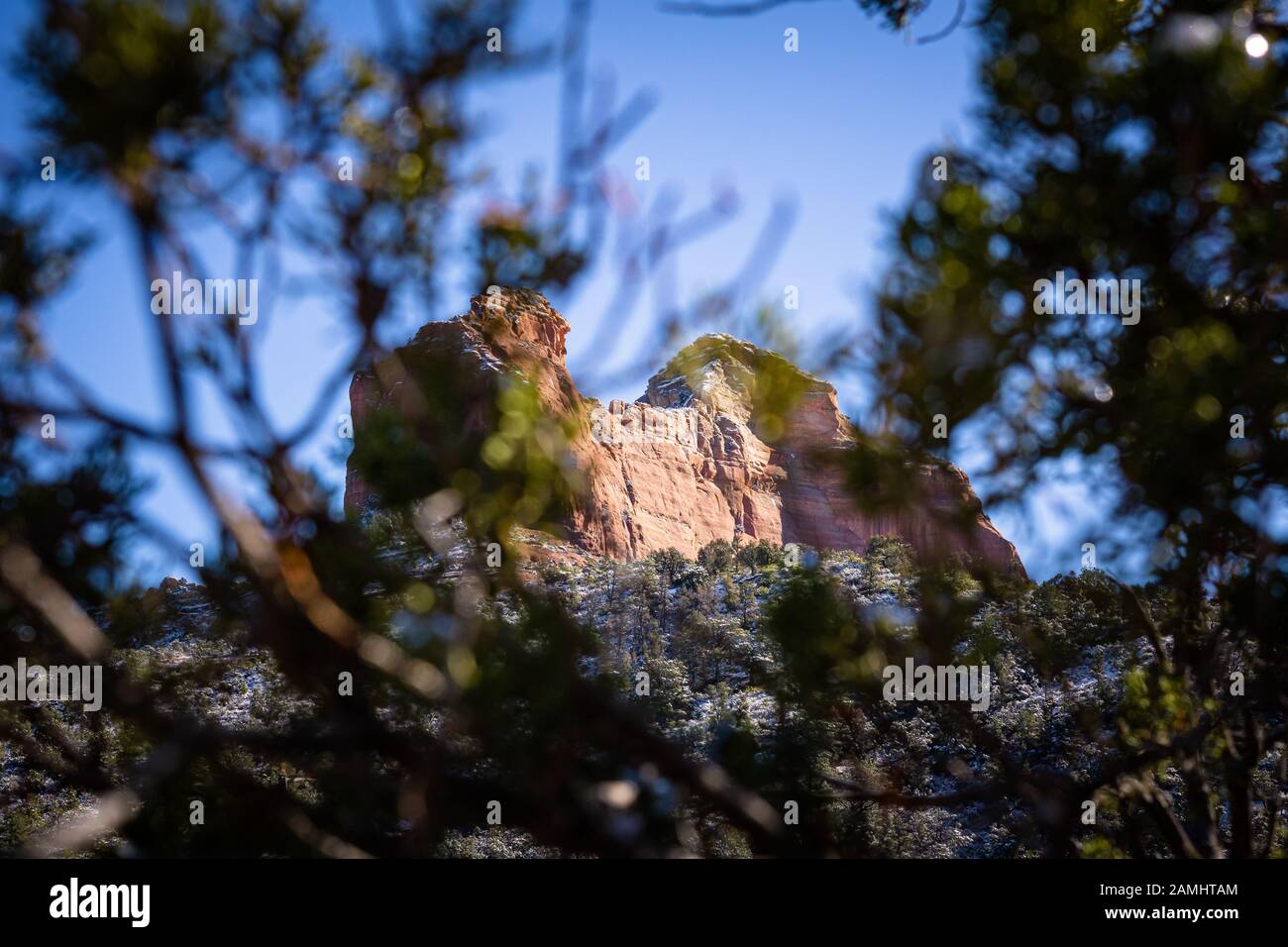 A red rock formation in Sedona Arizona shot through a tree in mid day ...