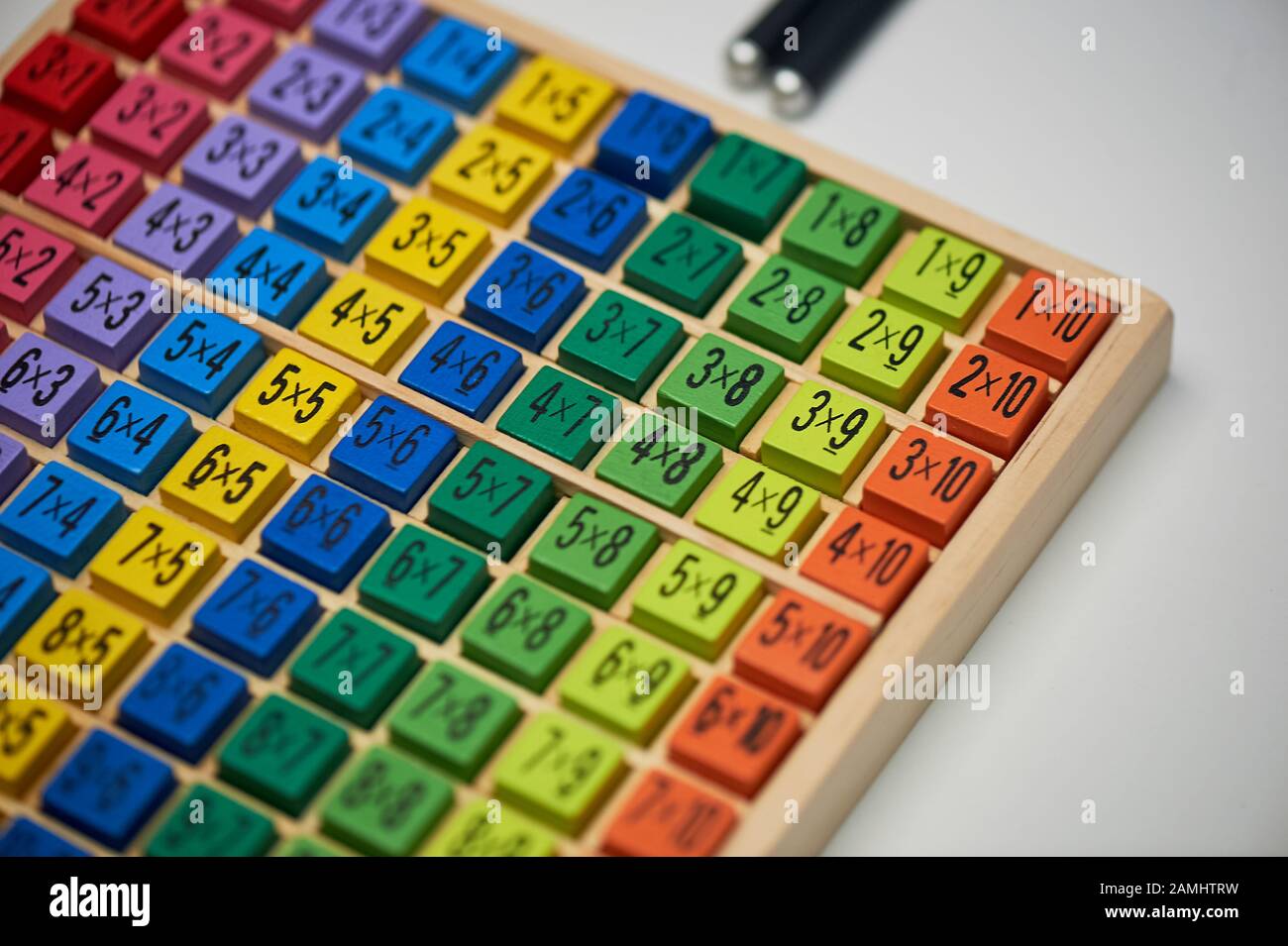 Multiplication table . Macro mode. Colored wooden cubes.Teaching ...