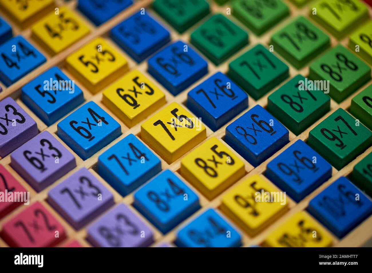 Multiplication table . Macro mode. Colored wooden cubes.Teaching ... Multiplication table . Macro mode. Colored wooden cubes.Teaching ...