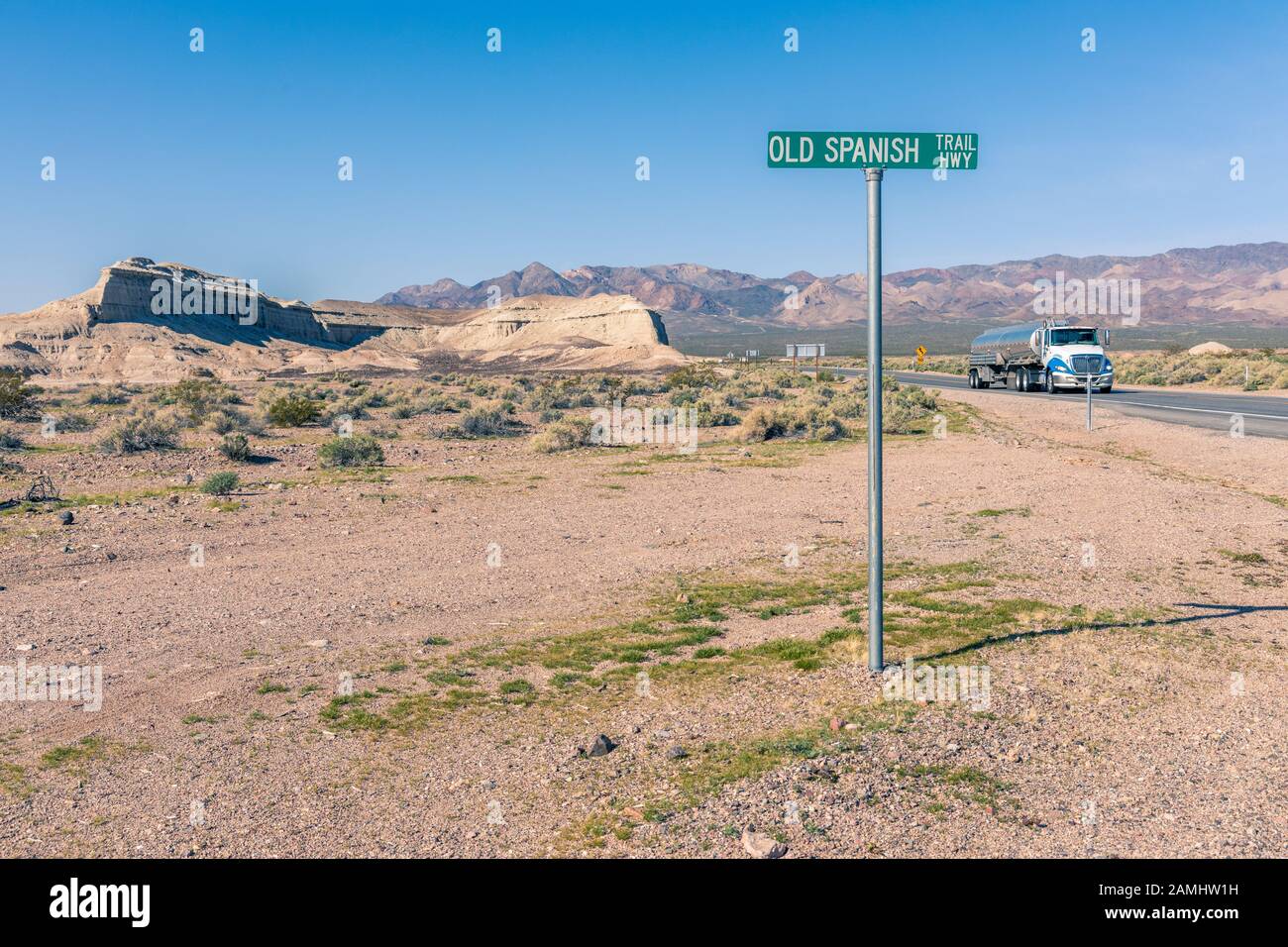 Tanker truck at the Old Spanish Trail Highway cross road near Tecopa ...