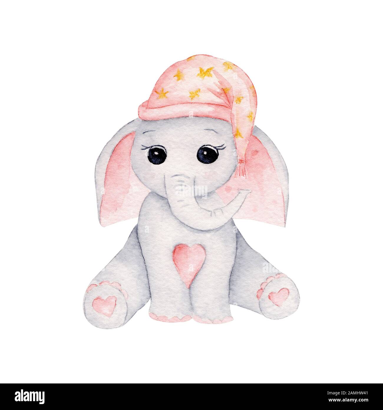 Cute little baby elephant in sleeping cap watercolor hand drawn ...