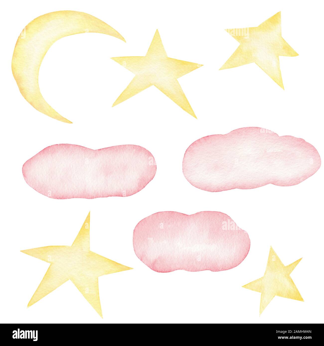 Stars and pink clouds hand drawn watercolor illustrations set. Fantasy ...