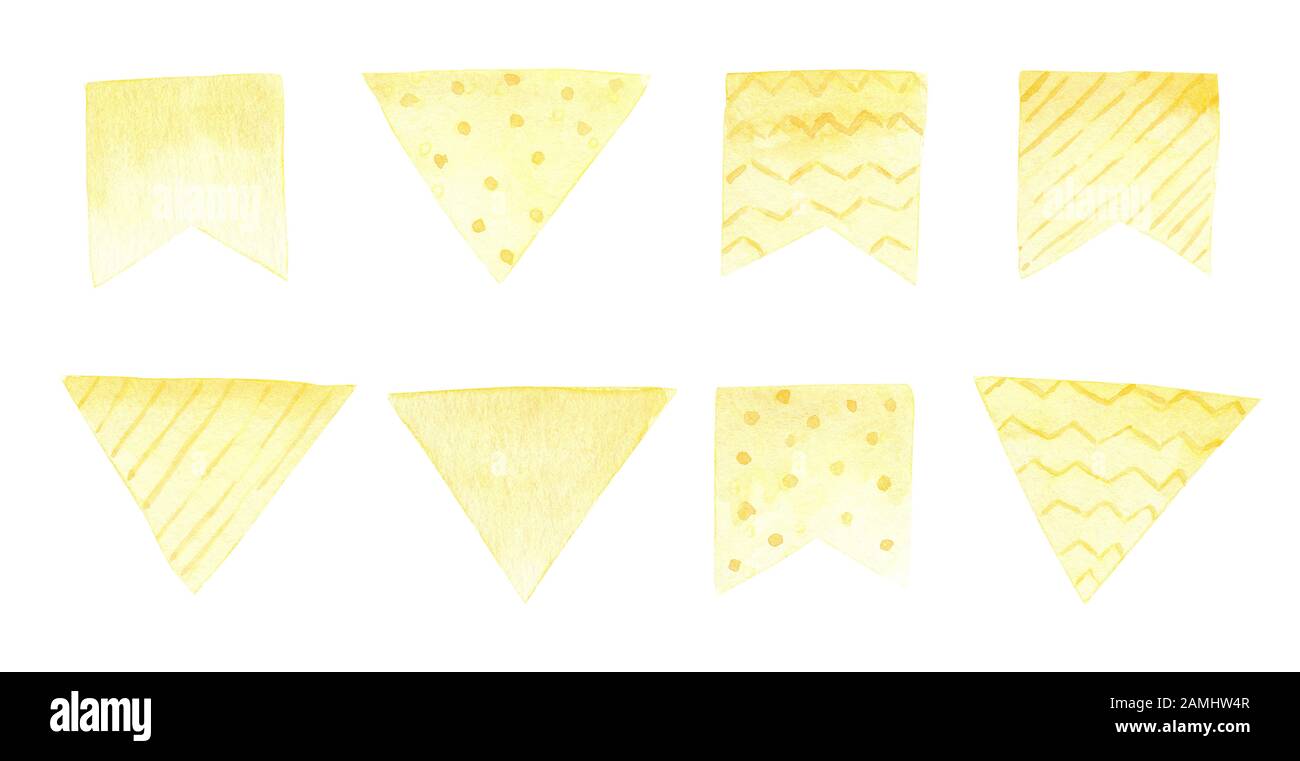 Yellow hand drawn flags watercolor illustrations set. Cute party ...
