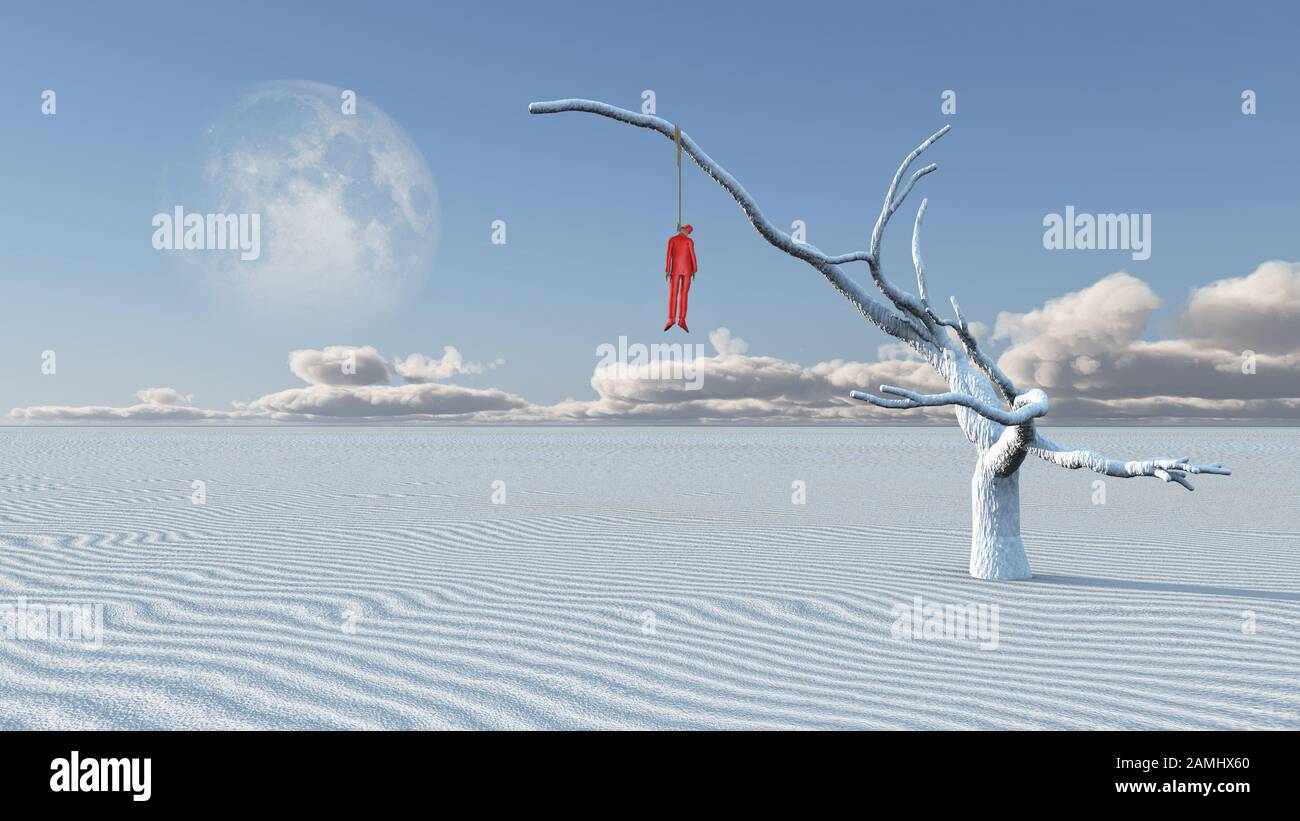 Man hangs from limb of large withered tree in desolate desert Stock ...