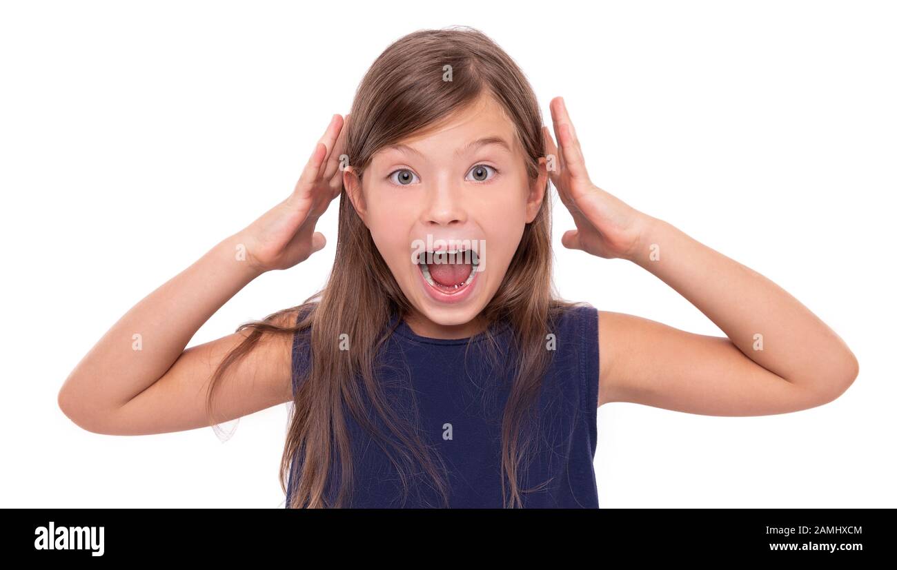 Little girl in shock or stress on white background Stock Photo - Alamy