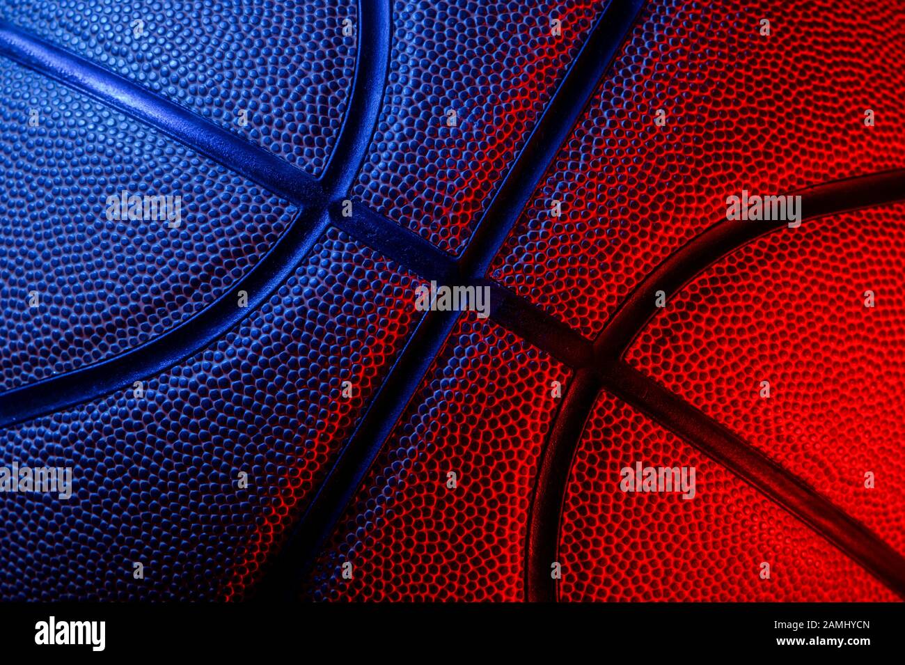 Closeup detail of basketball ball texture background. Blue neon Banner ...