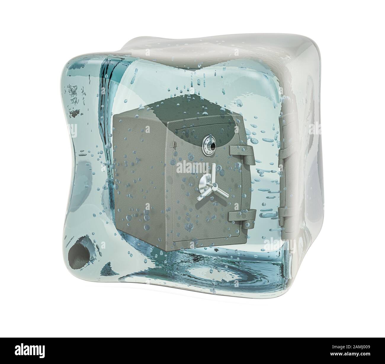 Safe box frozen in ice cube, 3D rendering isolated on white background ...