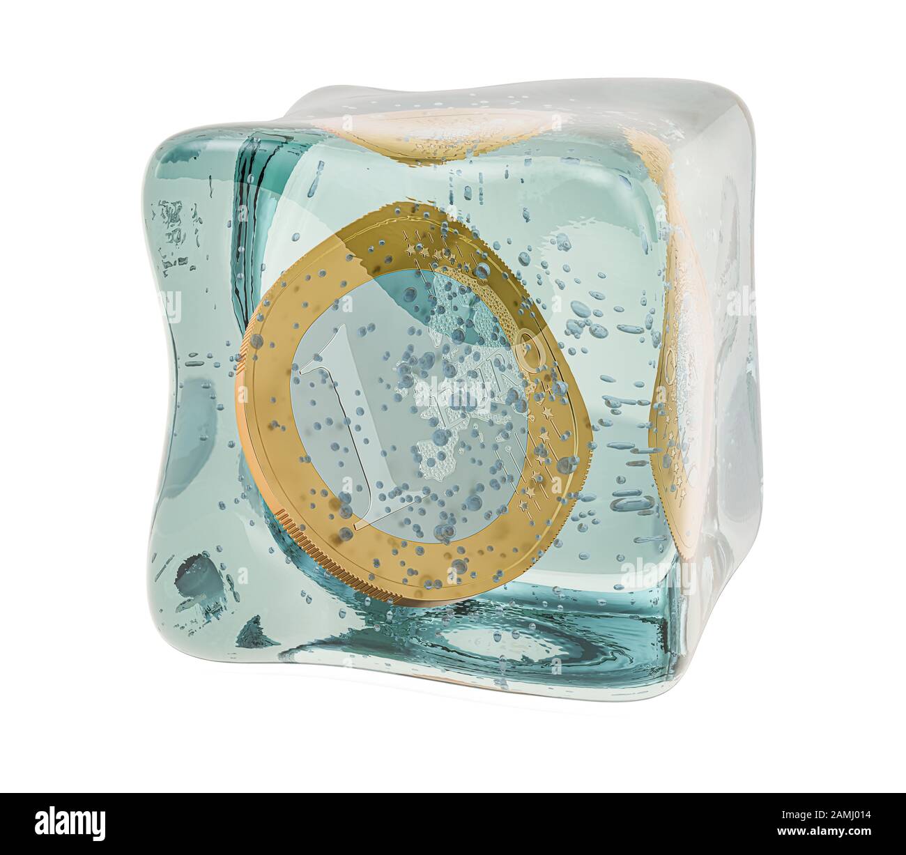 Euro coin frozen in ice cube, 3D rendering isolated on white background ...
