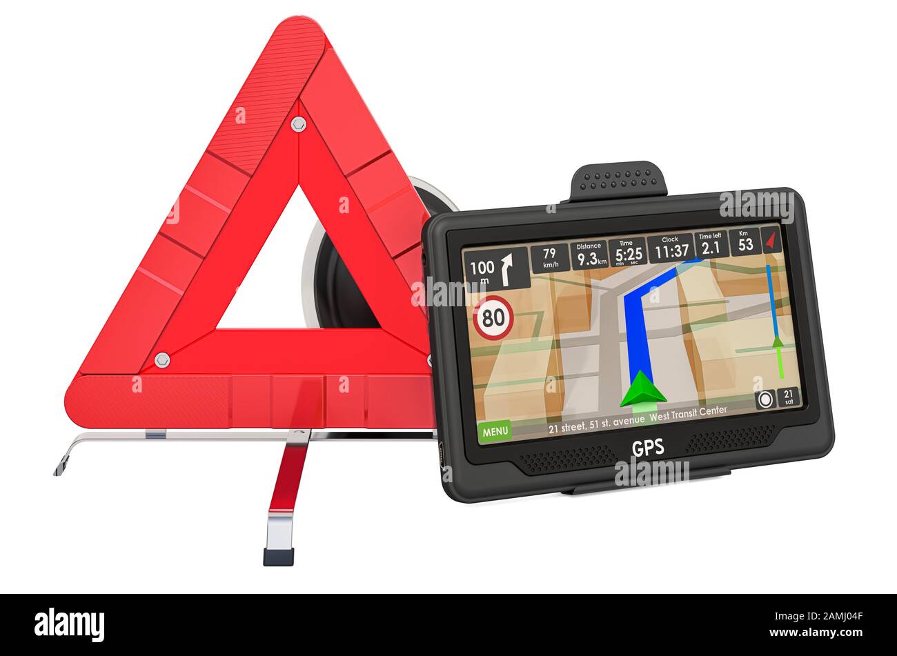 Warning triangle with GPS receiver. 3D rendering isolated on white ...