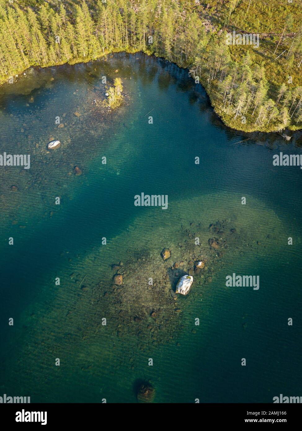 Islet at clear-watered forest lake Stock Photo - Alamy