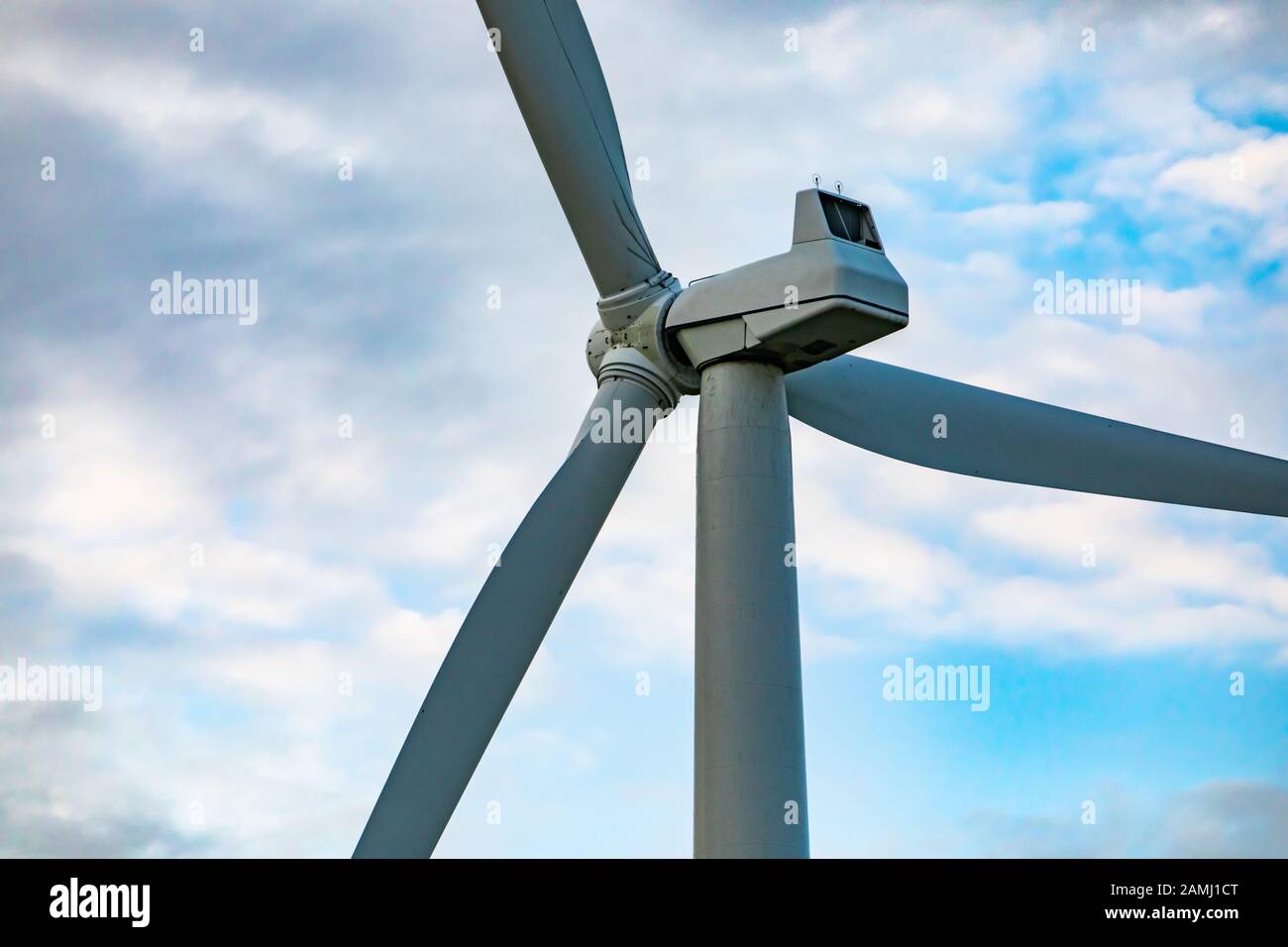 A low angle and close up shot on the nacelle, cover housing of ...