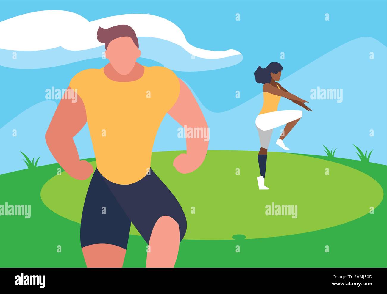 couple of people exercising with background landscape vector ...