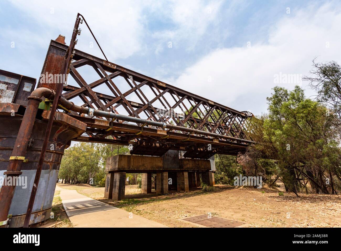 View of the iron rail bridge over the Macquarie River built in 1884 and ...