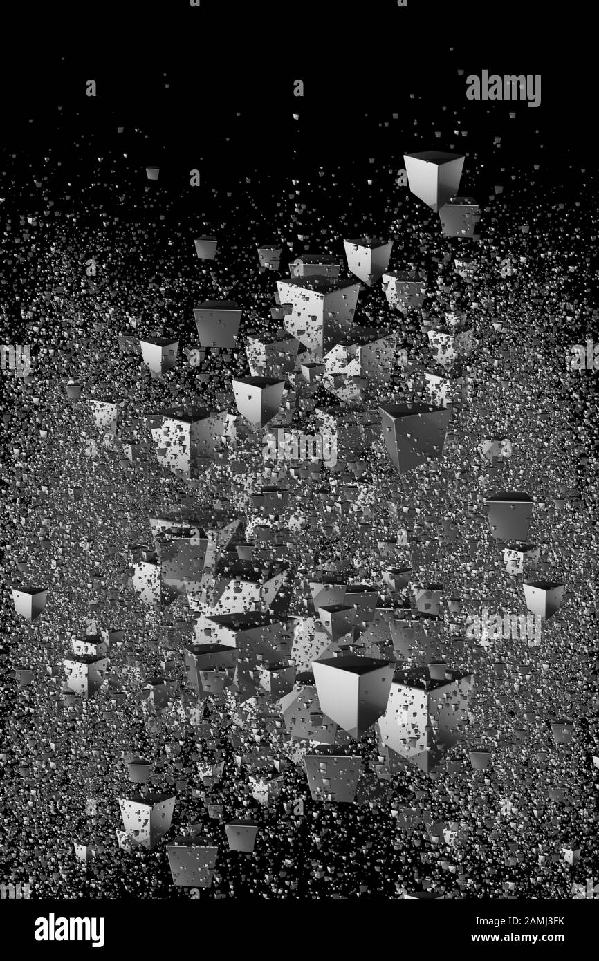 3D rendering of many cubes in space, the cubes scatter after the ...
