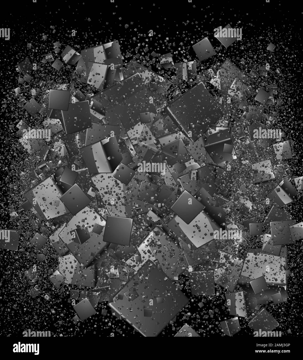 3D rendering of many cubes in space, the cubes scatter after the ...