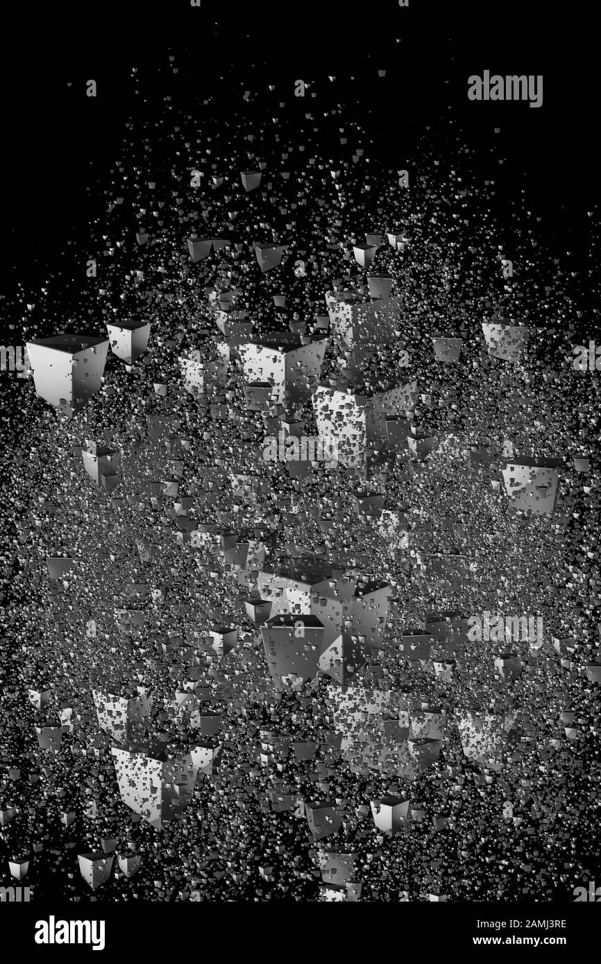 3D rendering of many cubes in space, the cubes scatter after the ...