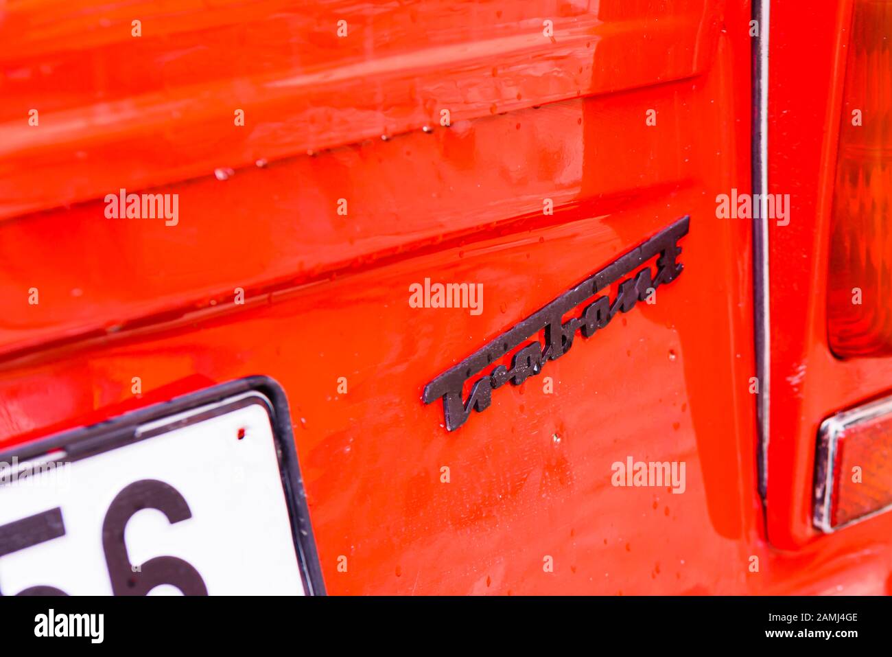 A red Soviet era Trabant car, popular in East Germany during the ...