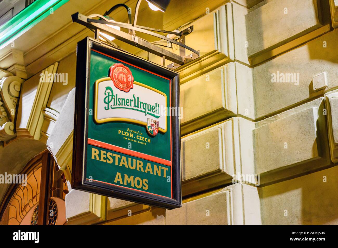 Sign for Pilsner Urquell Czech lager, outside Restaurant Amos, Prague ...