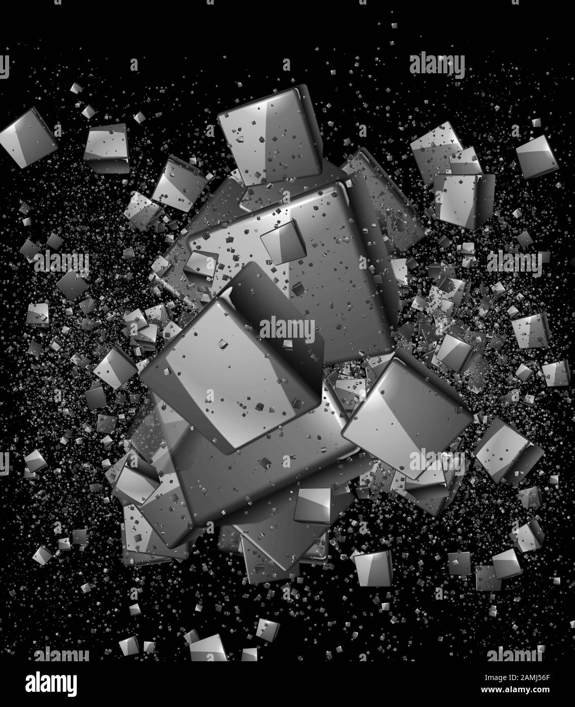 3D rendering of many cubes in space, the cubes scatter after the ...
