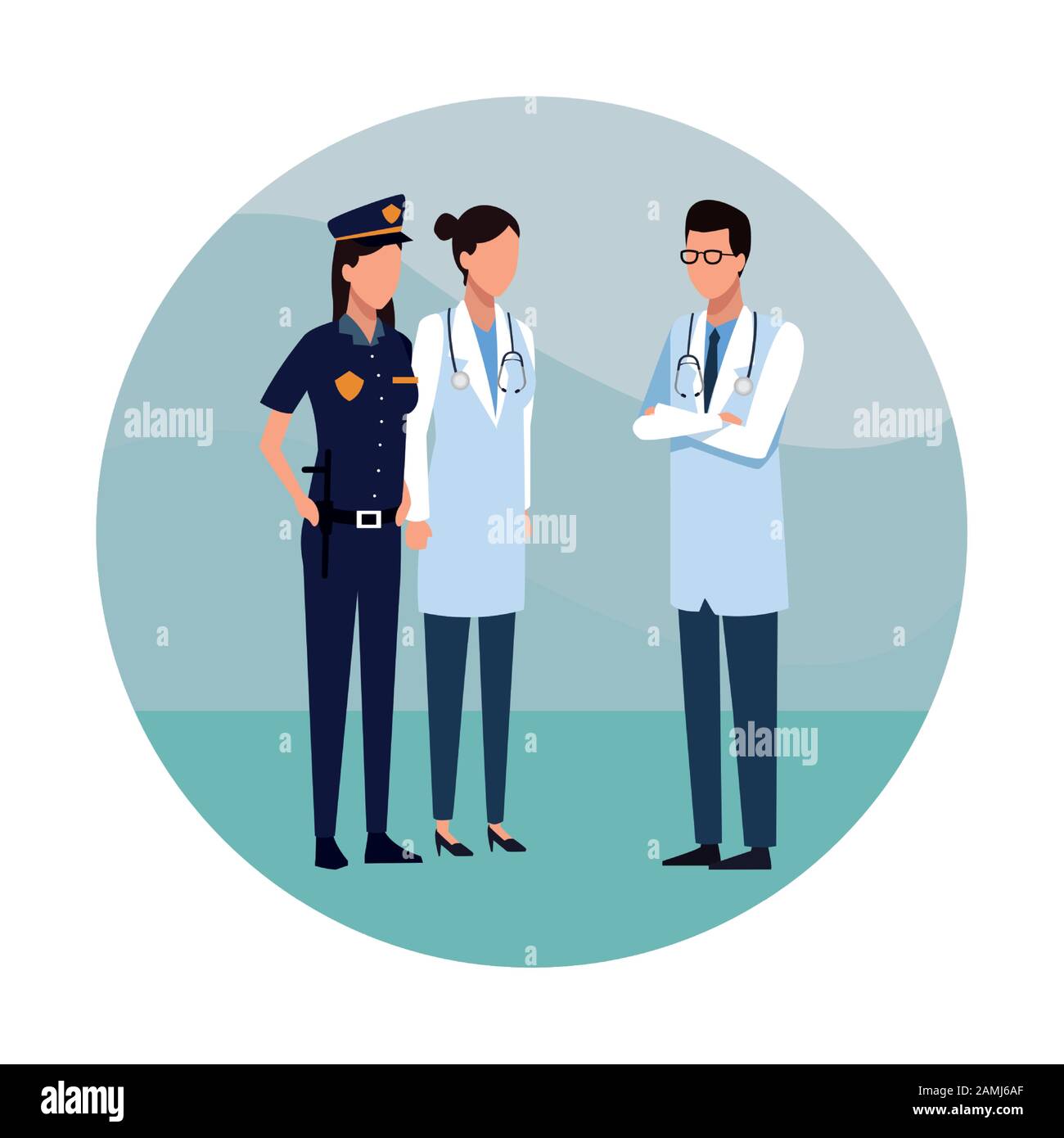 Police woman with doctors standing, colorful design Stock Vector Image ...
