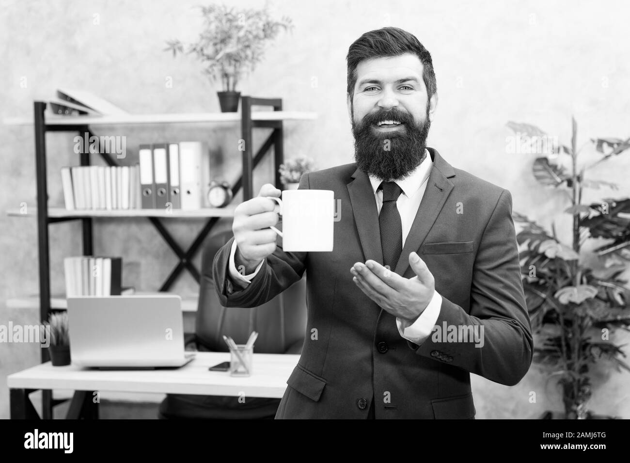 Boss enjoying energy drink. Caffeine addicted. Start day with coffee ...