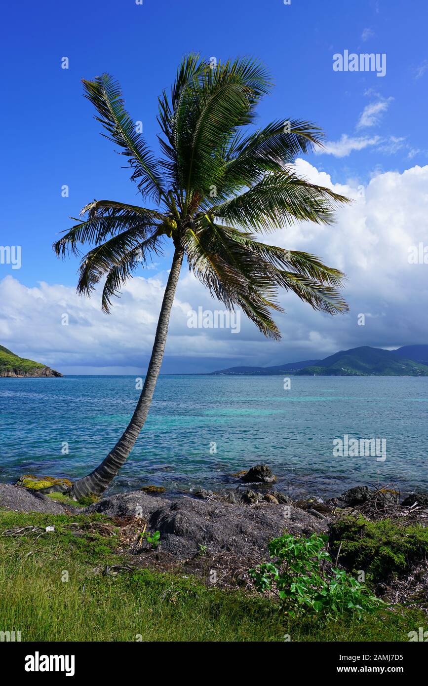 Day view of the Nevis Peak volcano across the water from St Kitts Stock ...