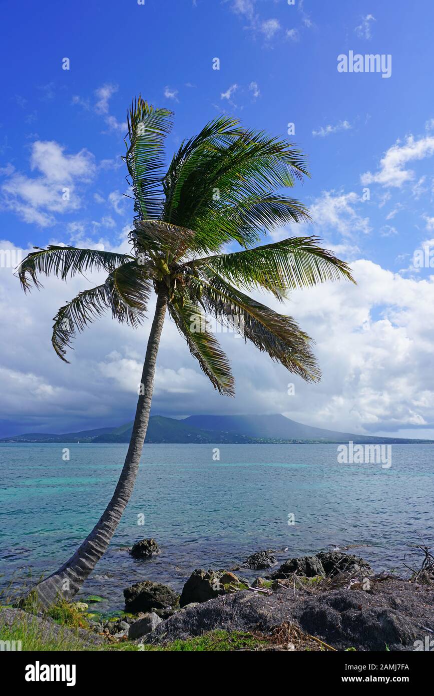 Day view of the Nevis Peak volcano across the water from St Kitts Stock ...