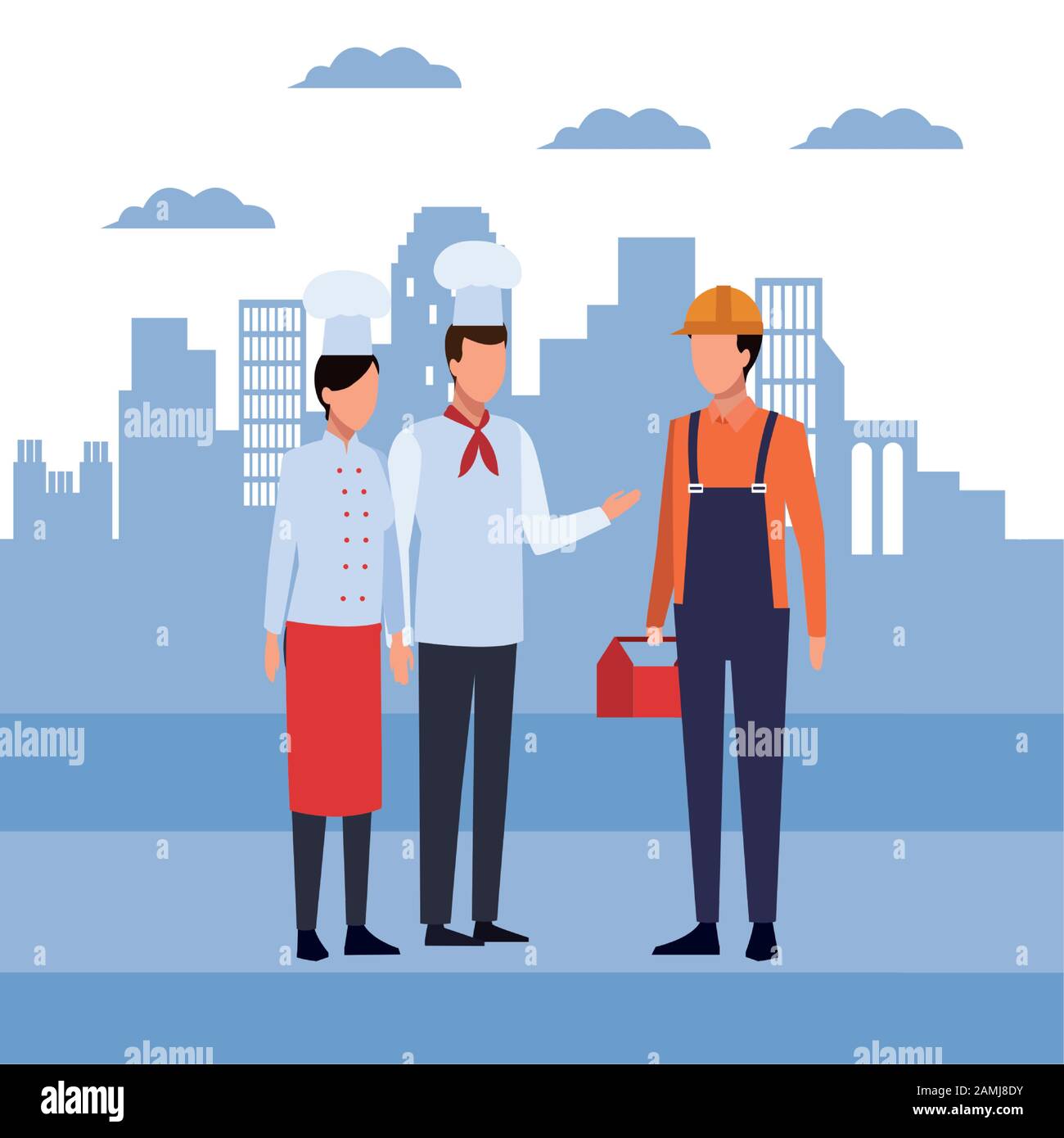 Chefs couple and builder man standing, colorful design Stock Vector ...