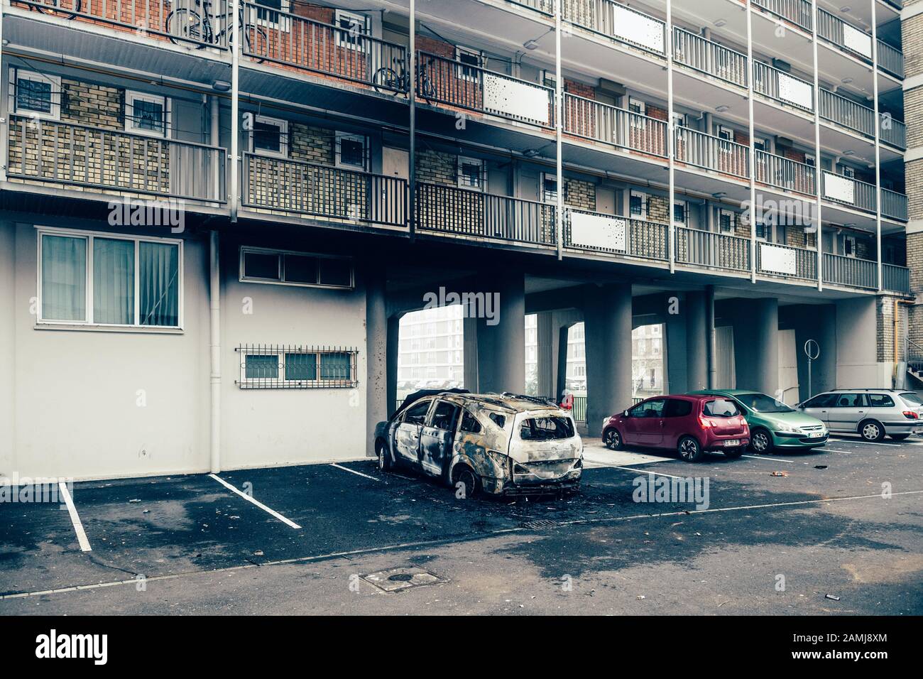 Strasbourg, France - Jan 1, 2020: Rear view of burnt car as Vandals in ...