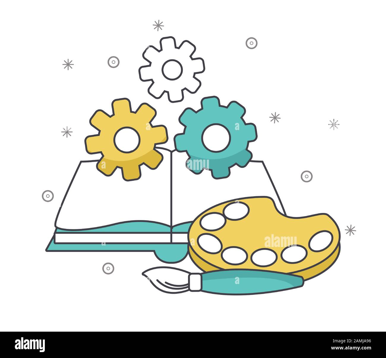 book with gear wheels and paint palette and brush, colorful design ...