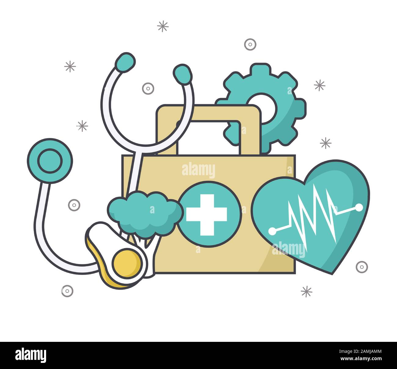 first aid kit with stethoscope and cardio heart, colorful design Stock ...