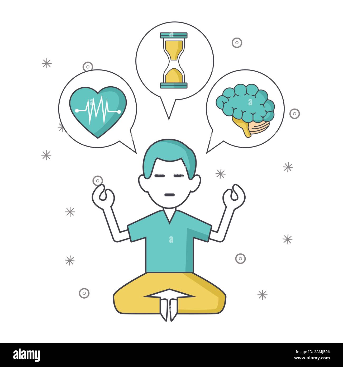 meditating man with thoughts of heart, hourglass and brain icons Stock ...