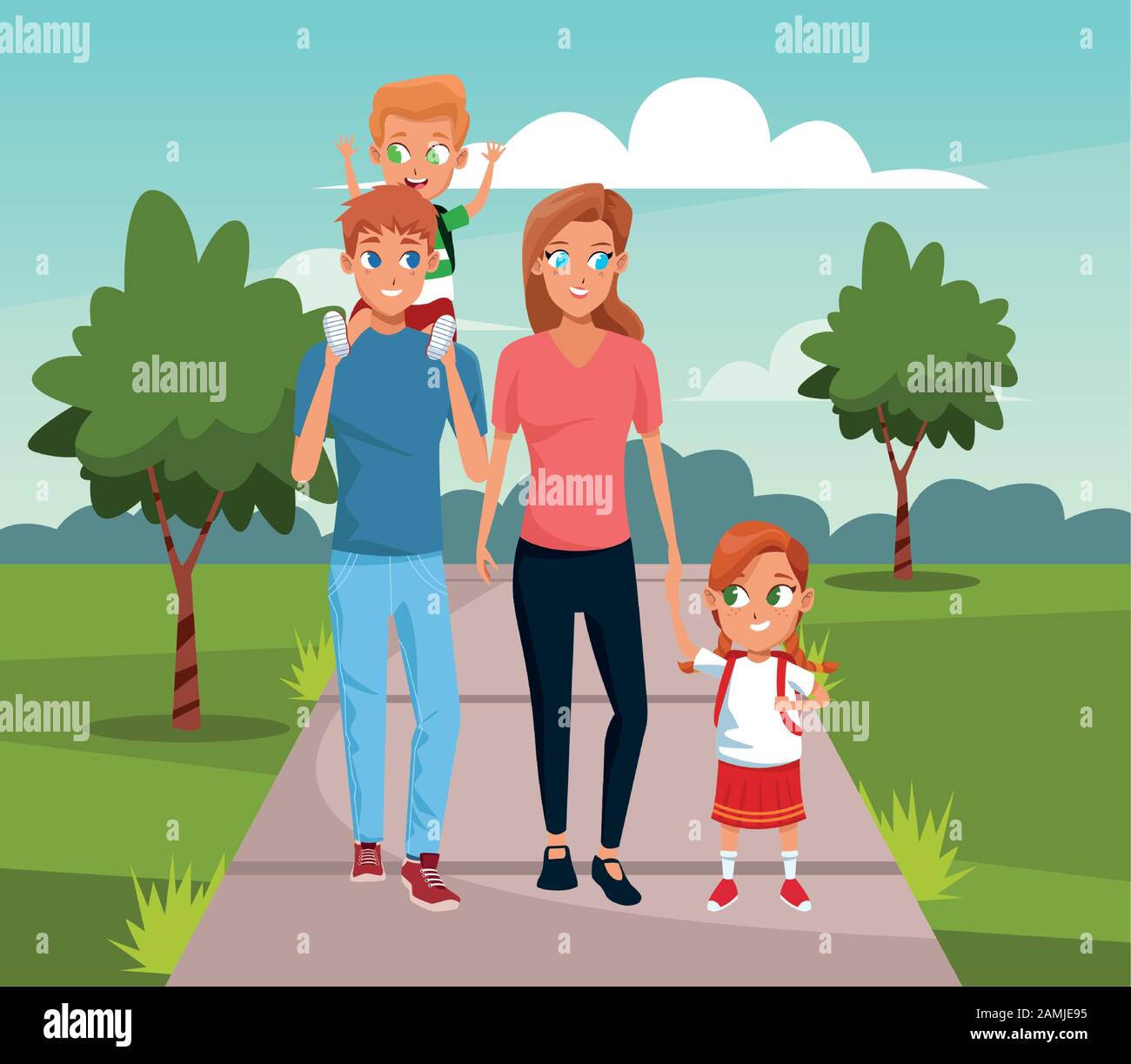 Happy family walking with kids over landscape background Stock Vector ...
