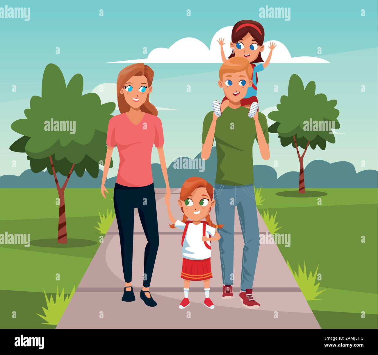 Cartoon Happy family walking with little girls over landscape ...