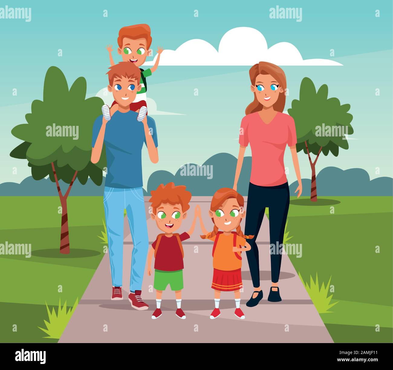 happy family with kids walking in the park, colorful design Stock ...