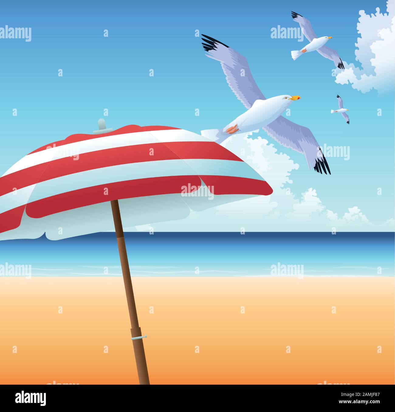 summer time in beach vacations seagull umbrella ocean sand Stock Vector ...