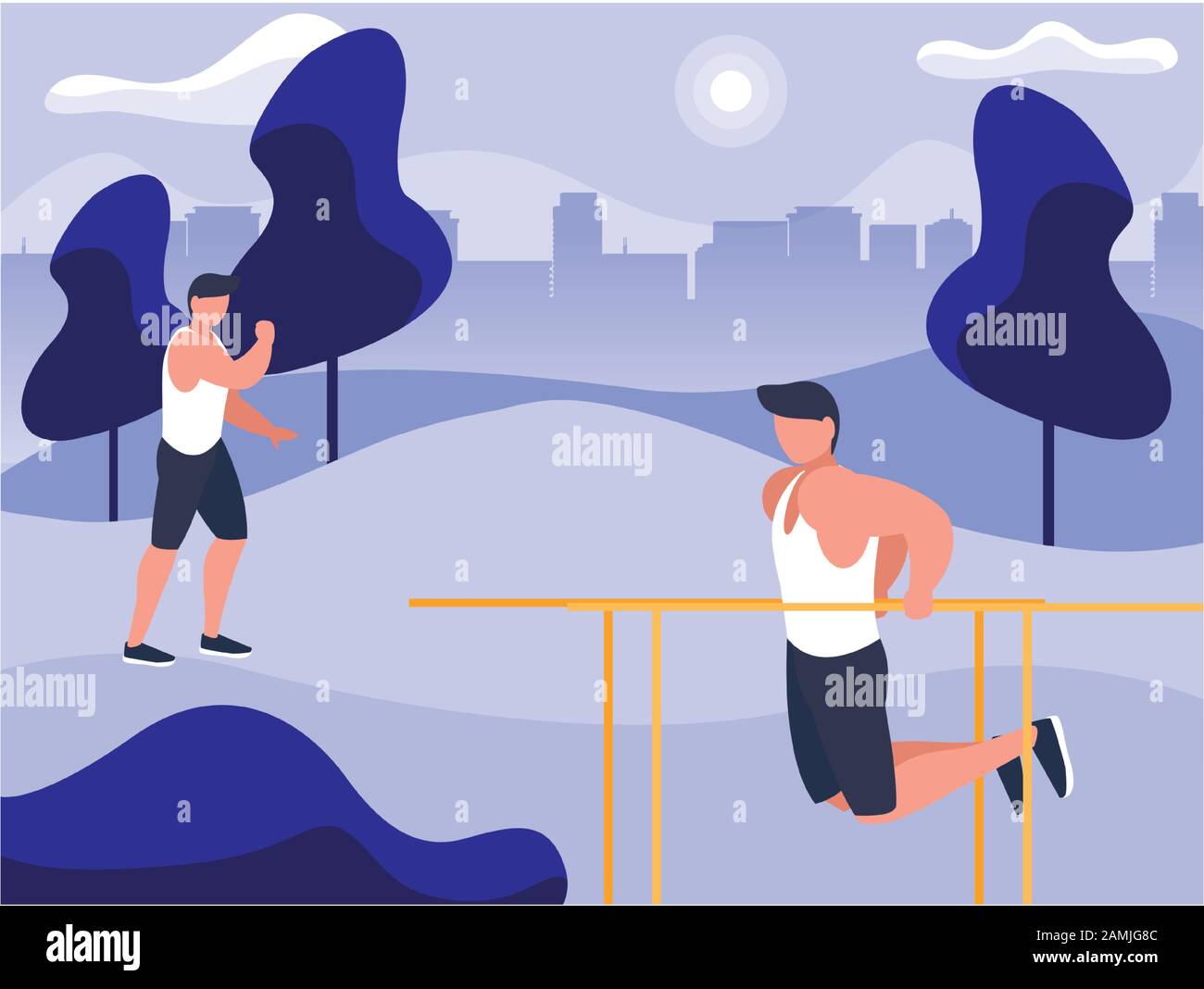 men up hanging on horizontal bar, outdoor or gym sport vector ...
