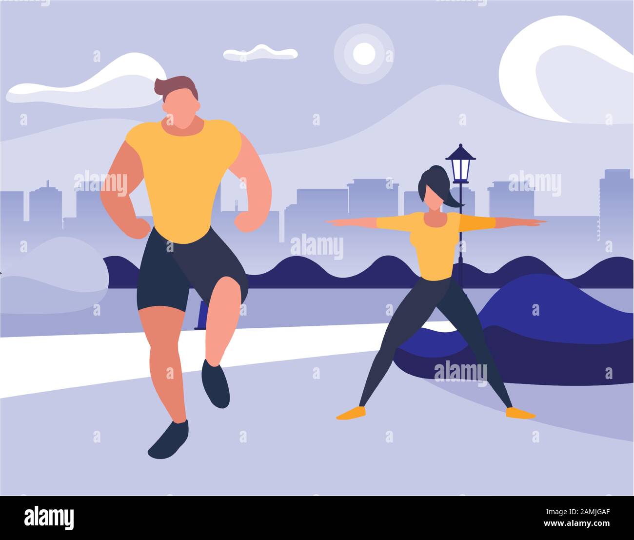couple of people exercising in park in the city vector illustration ...
