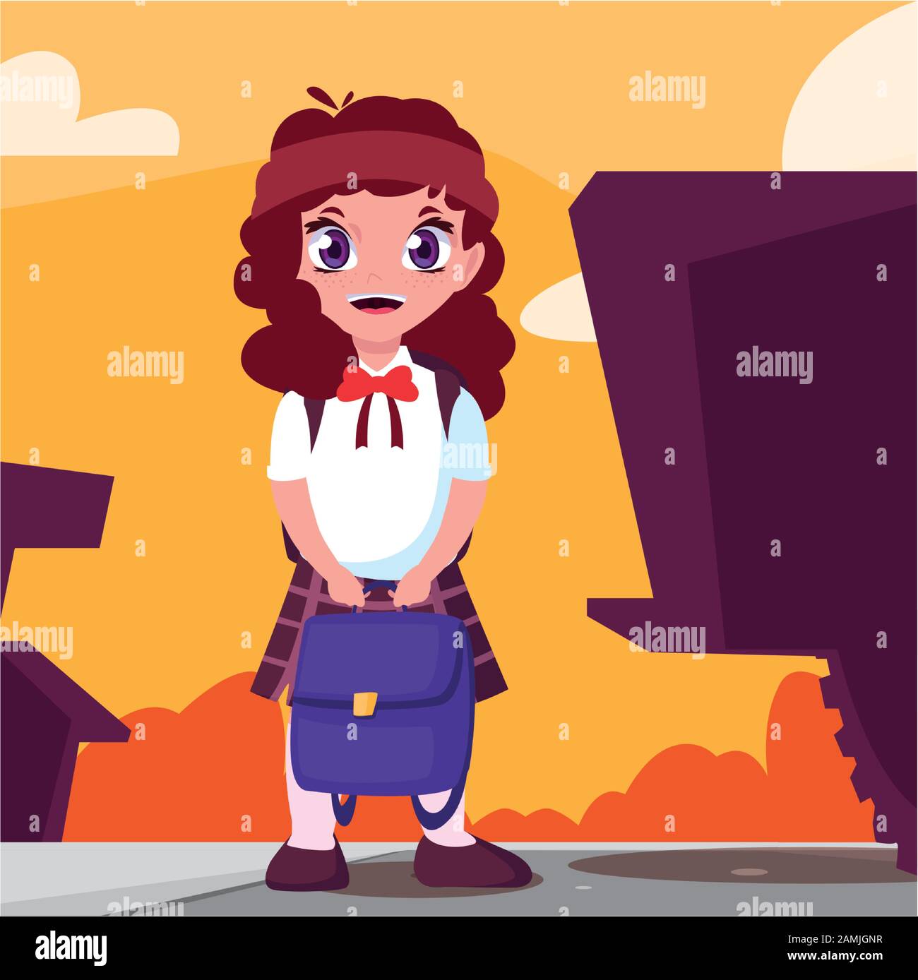 student girl with school suitcase, back to school vector illustration ...