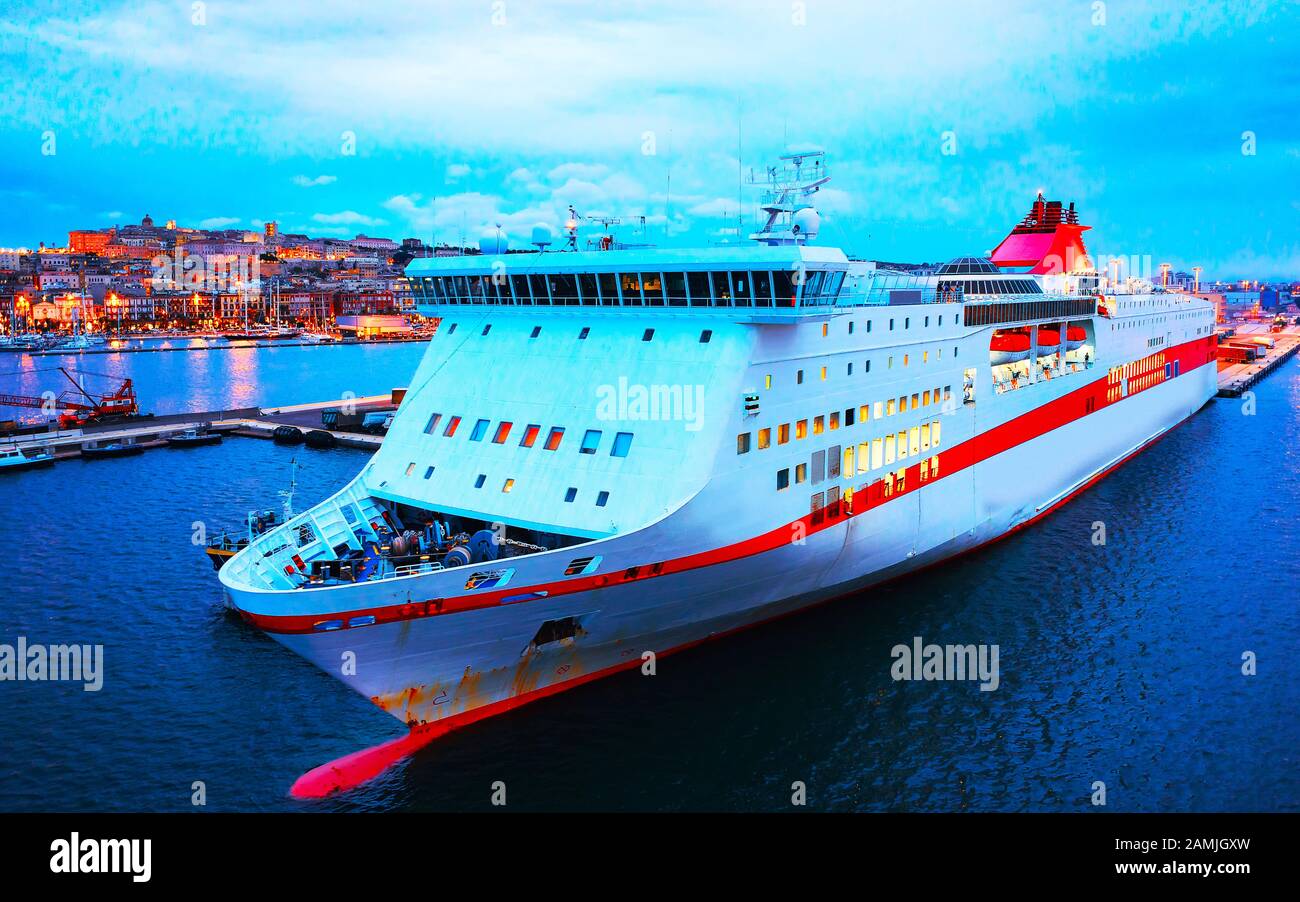 Large car and passenger ferry in port of Cagliari evening Stock Photo ...
