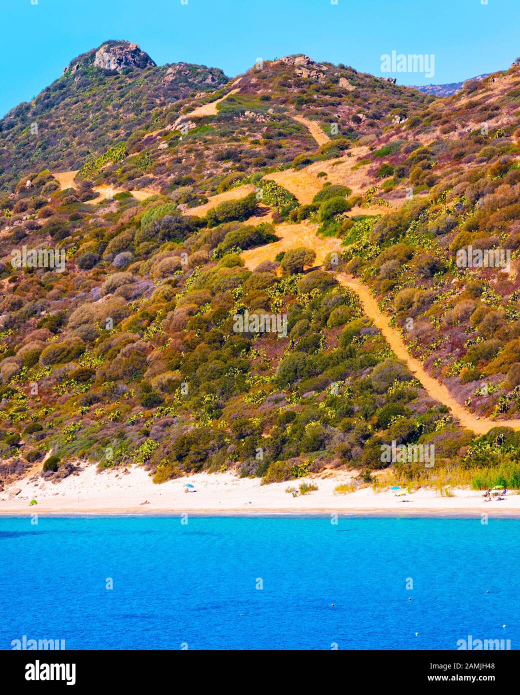 Landscape with beach at Mediterranean Sea of Villasimius reflex Stock ...