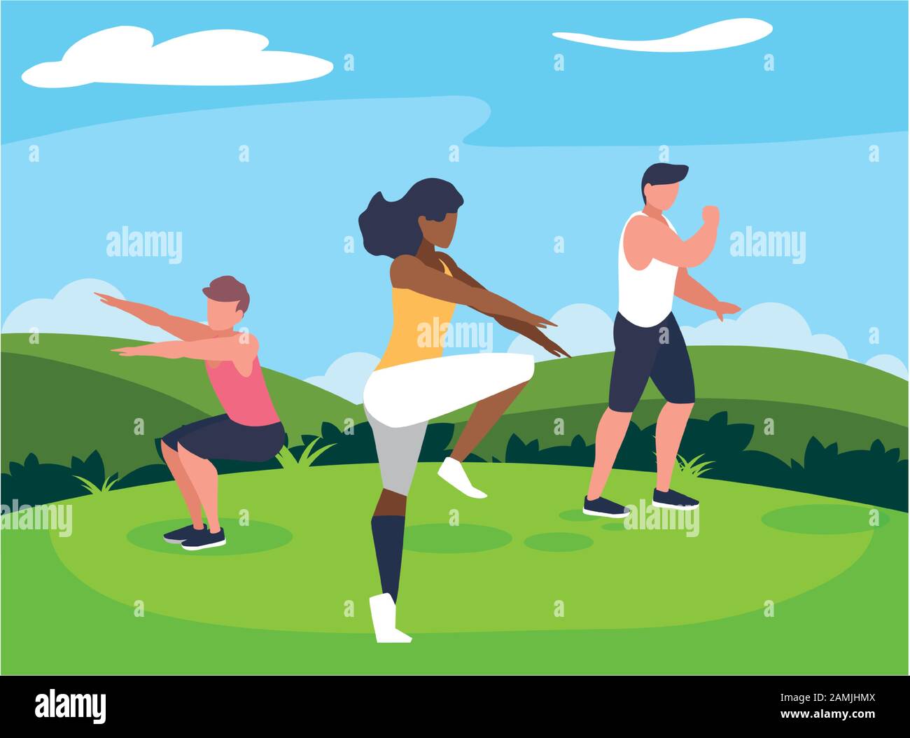 group of people exercising with background landscape vector ...