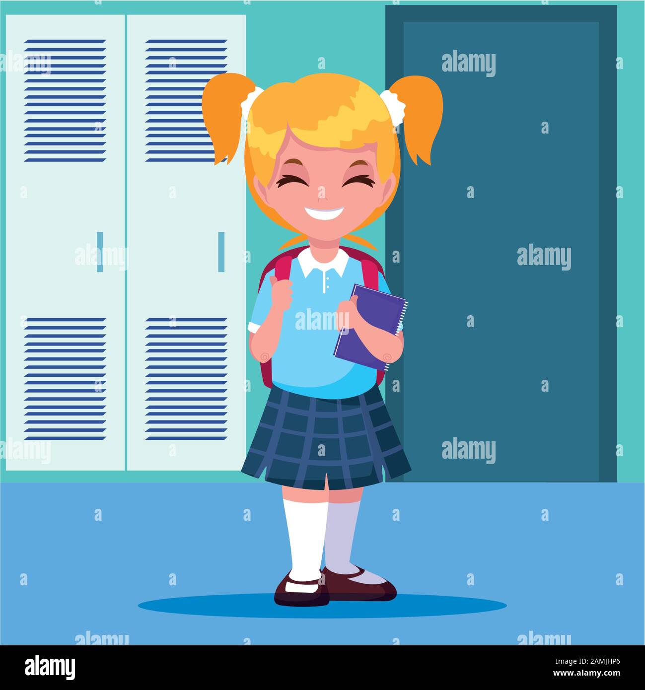 student girl in school corridor with lockers , back to school vector ...