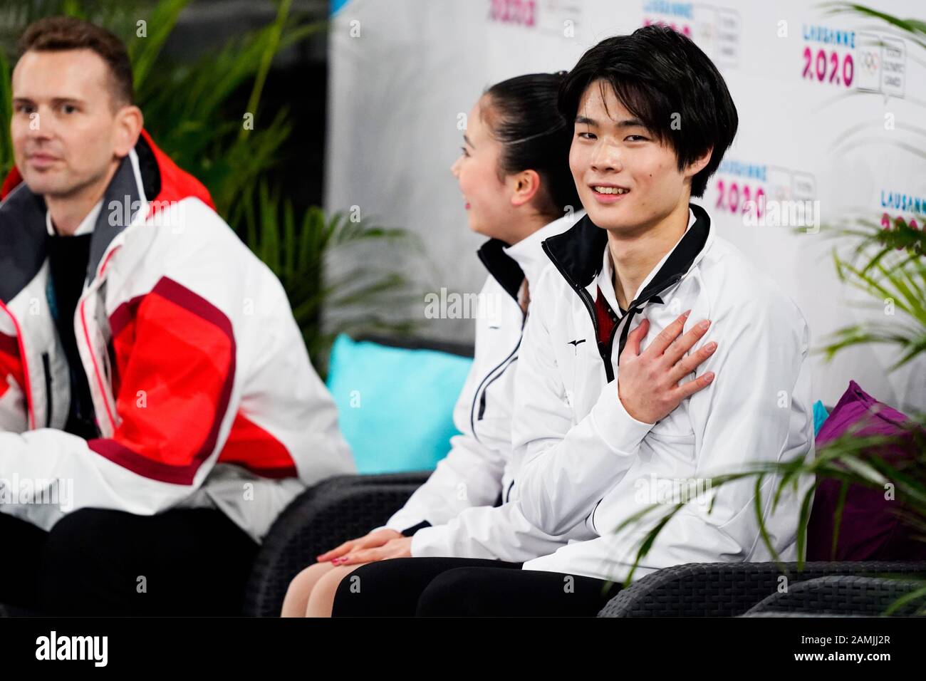 Lausanne, Switzerland. 13th Jan, 2020. (L to R) Hallam Andrew, Utana Yoshida & Shingo Nishiyama ...